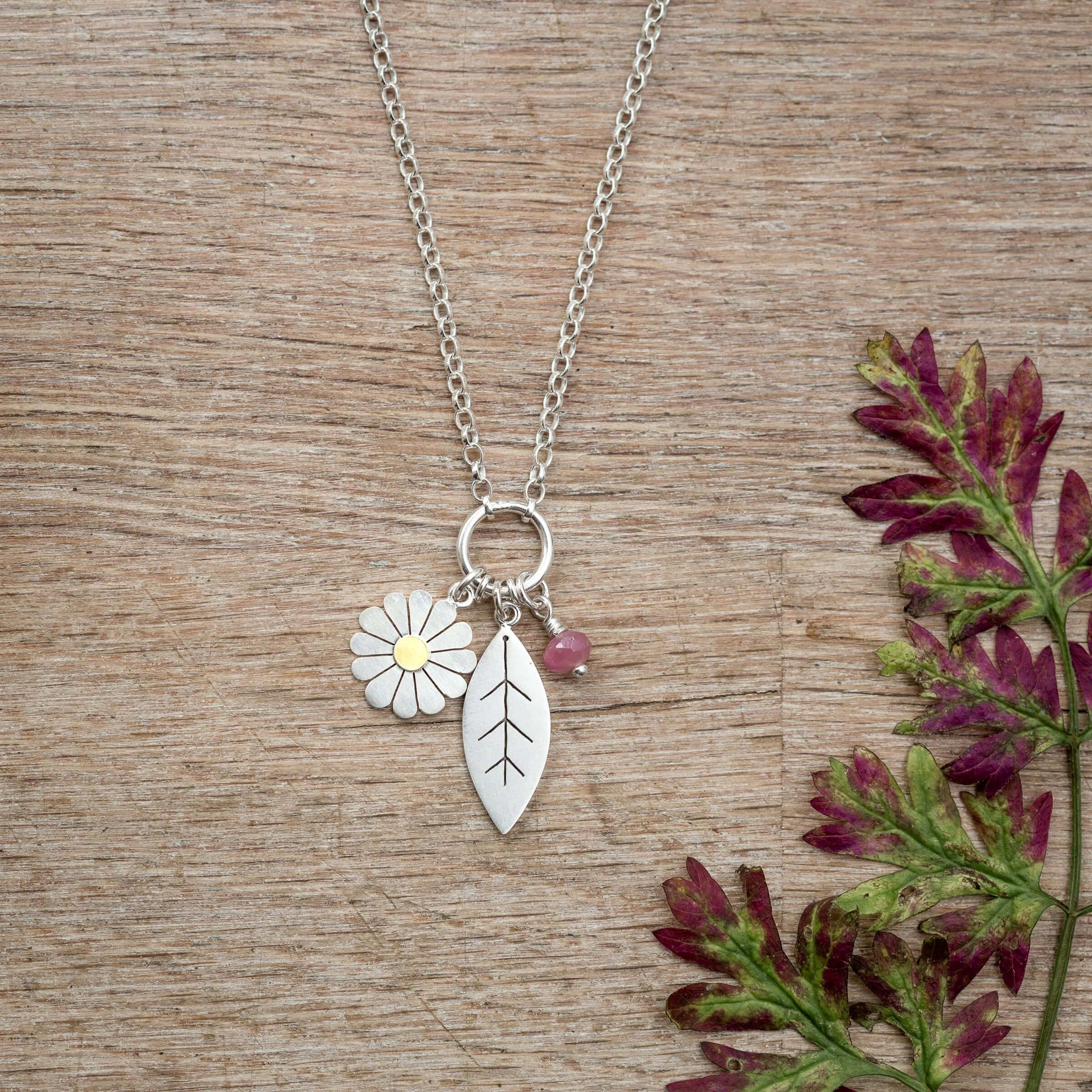 Daisy, Leaf and Ruby Pendant Necklace | Diana Greenwood Jewellery
